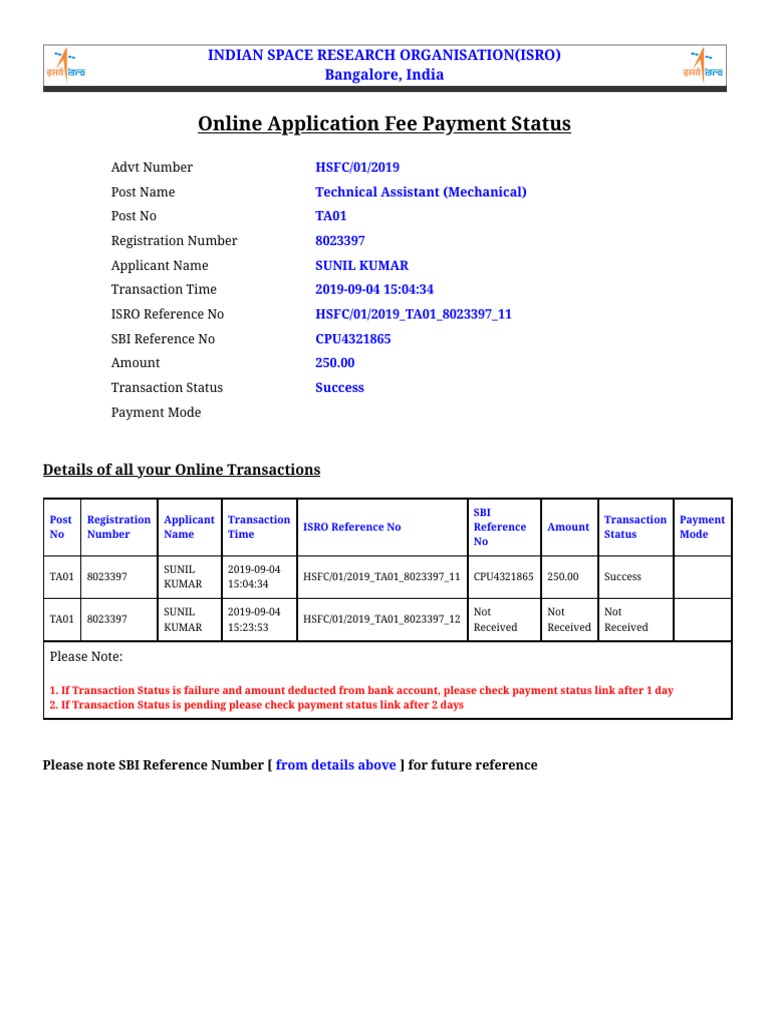 ISRO Application Payment Status | PDF | Finance & Money Management