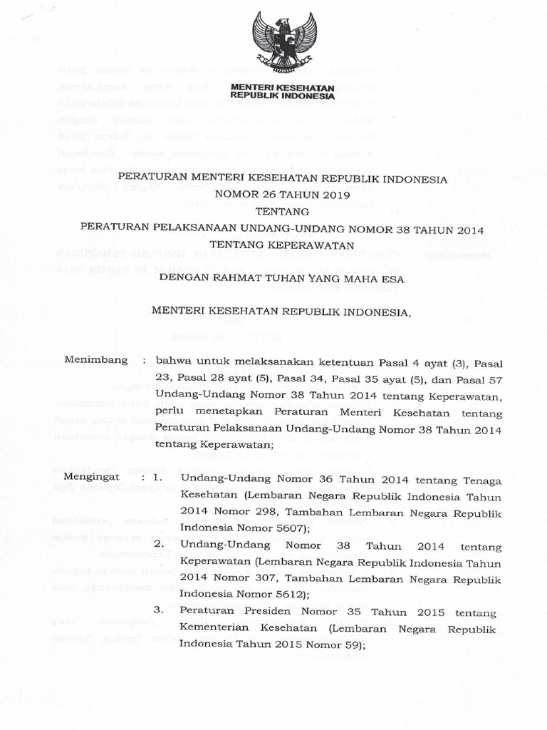 Permenkes Ri Nomor 26 Tahun 2019 Tentang Peraturan Pelaksanaan Uu No 38 ...