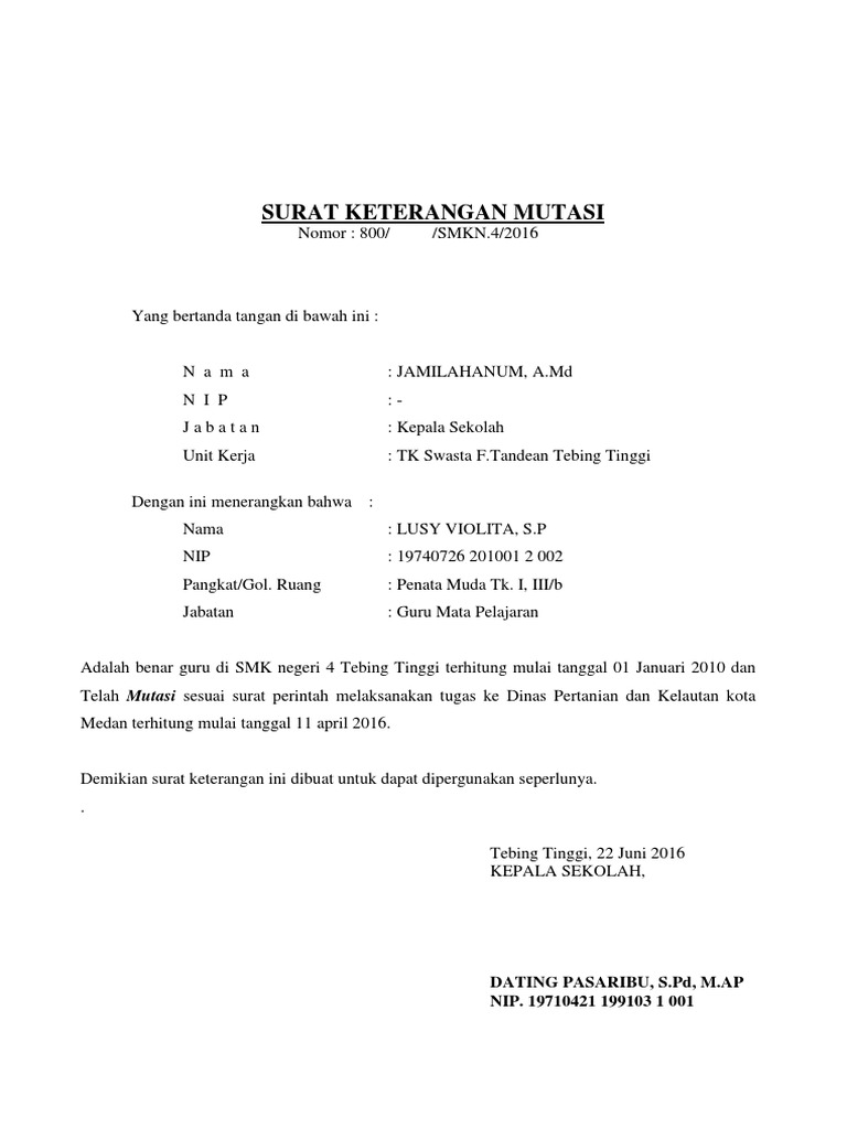 Surat Keterangan Mutasi | PDF