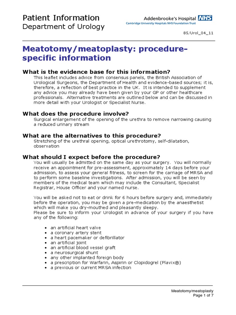Meatotomy/meatoplasty: Procedure-Specific Information | PDF | Urology ...