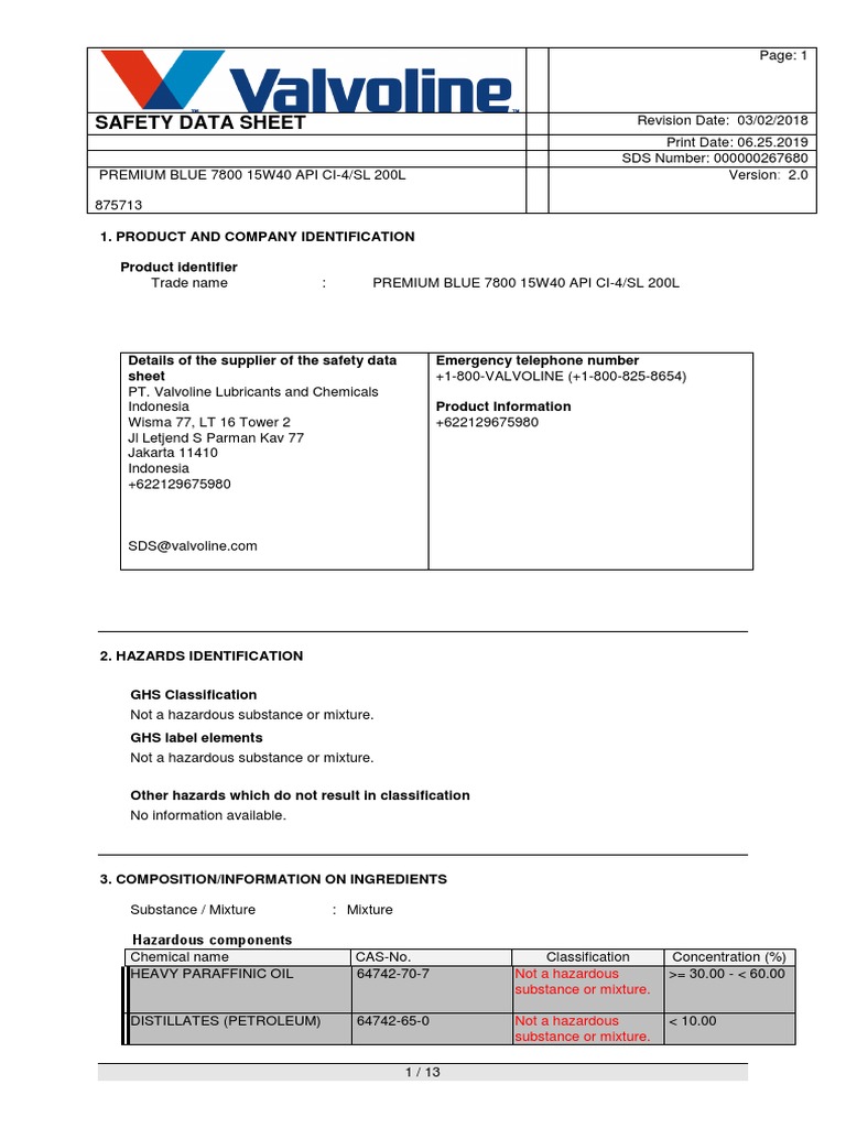Valvoline - Premium Blue Safety Data Sheet | PDF | Dangerous Goods ...