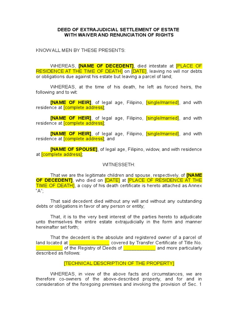 Extrajudicial Settlement of Estate Template | PDF | Inheritance | Ownership Extrajudicial Settlement of Estate Template | PDF | Inheritance | Ownership