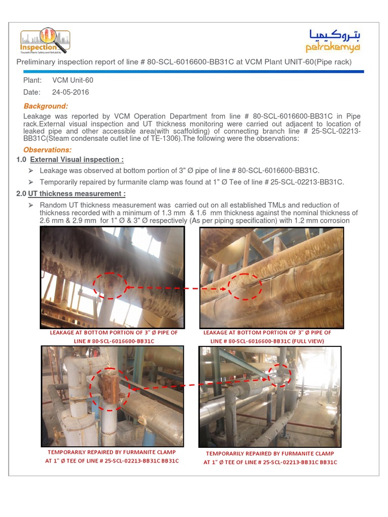 Preliminary Inspection Report of Line # 80-SCL-6016600-BB31C at VCM Plant UNIT-60 (Pipe Rack ...
