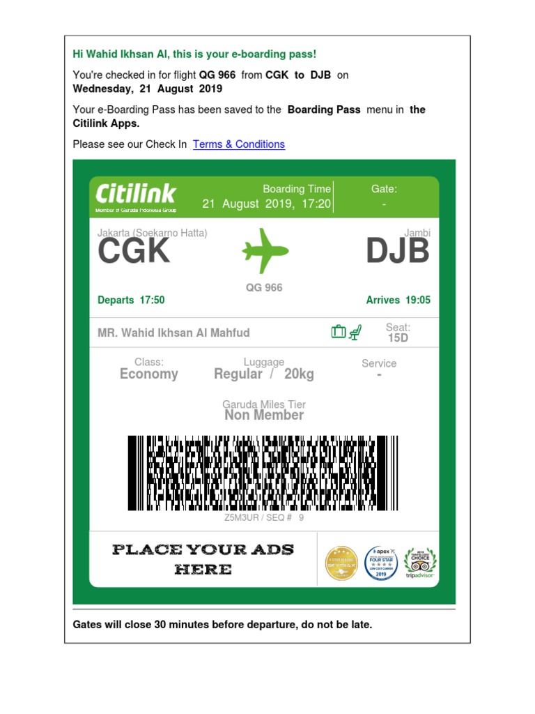 Contoh Boarding Pass Citilink | PDF