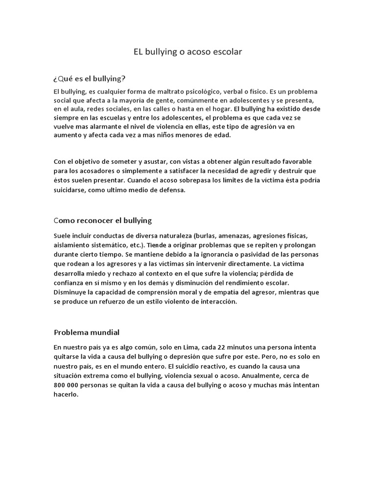EL Bullying o Acoso Escolar | PDF | Violencia | Ciencias del comportamiento