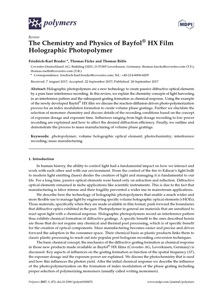 The Chemistry and Physics of Bayfol® HX Film Holographic Photopolymer ...