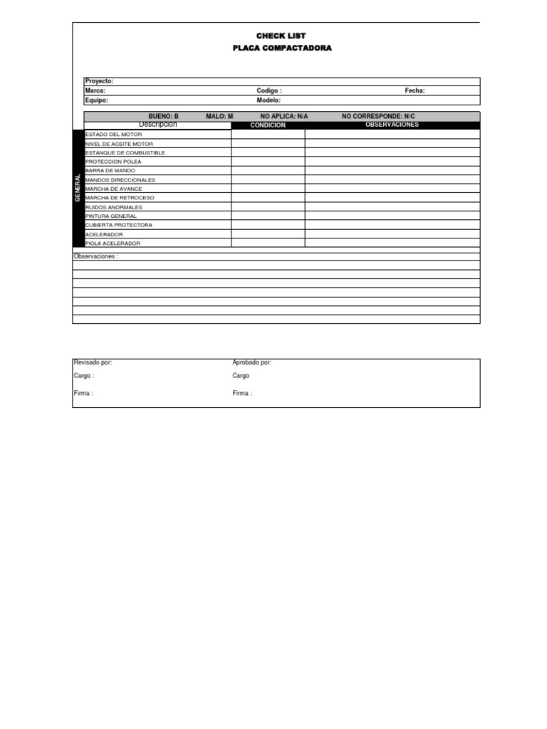 Check List Placa Compactadora PDF | PDF