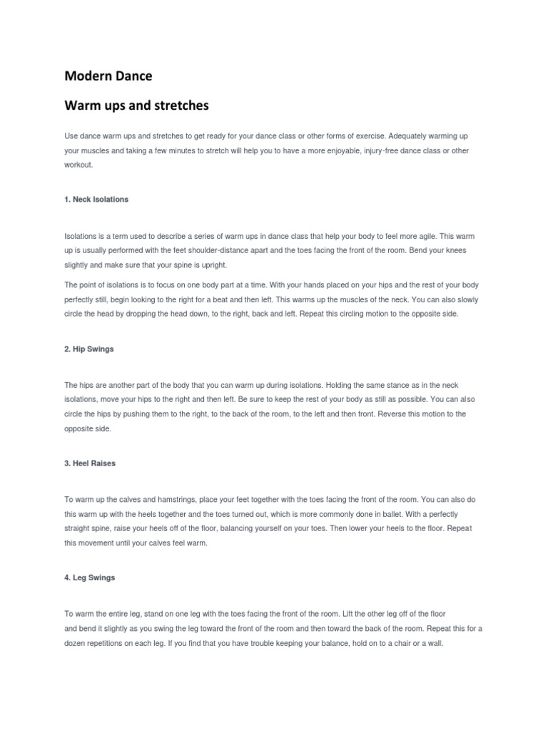 Modern Dance Warm Ups and Stretches: 1. Neck Isolations | PDF | Foot ...
