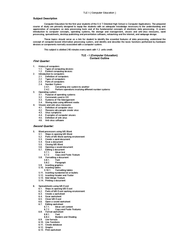 TLE I (Computer Education) Subject Description | PDF | Web Page | World ...