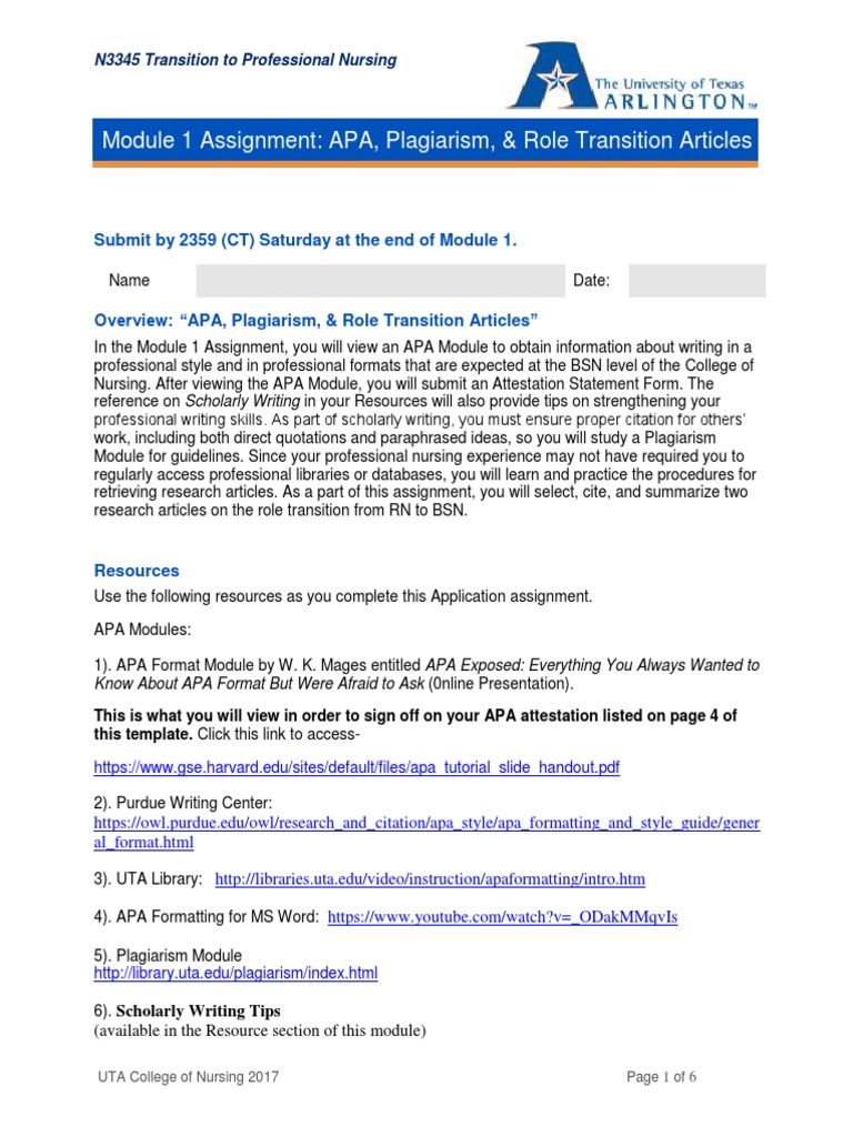 N3345 Nursing Transition Assignment Guide | PDF | Apa Style | Citation