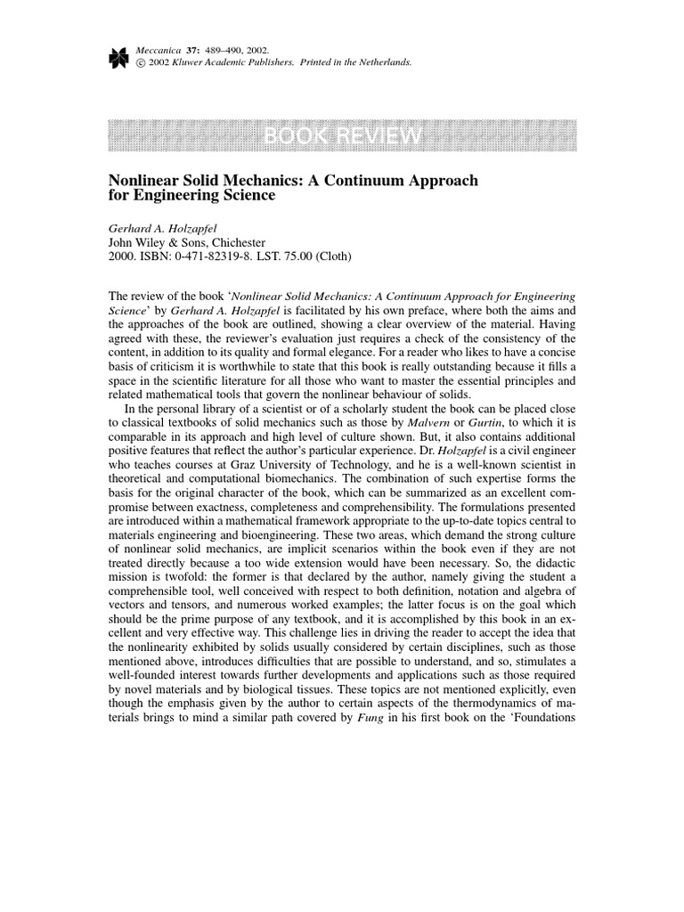 Nonlinear Solid Mechanics A Continuum Ap PDF | PDF | Viscoelasticity ...
