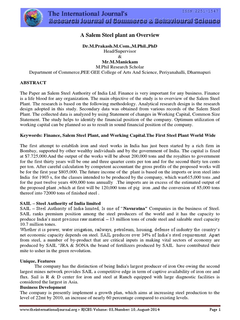 A Salem Steel Plant An Overview | PDF | Steel Mill | Steel