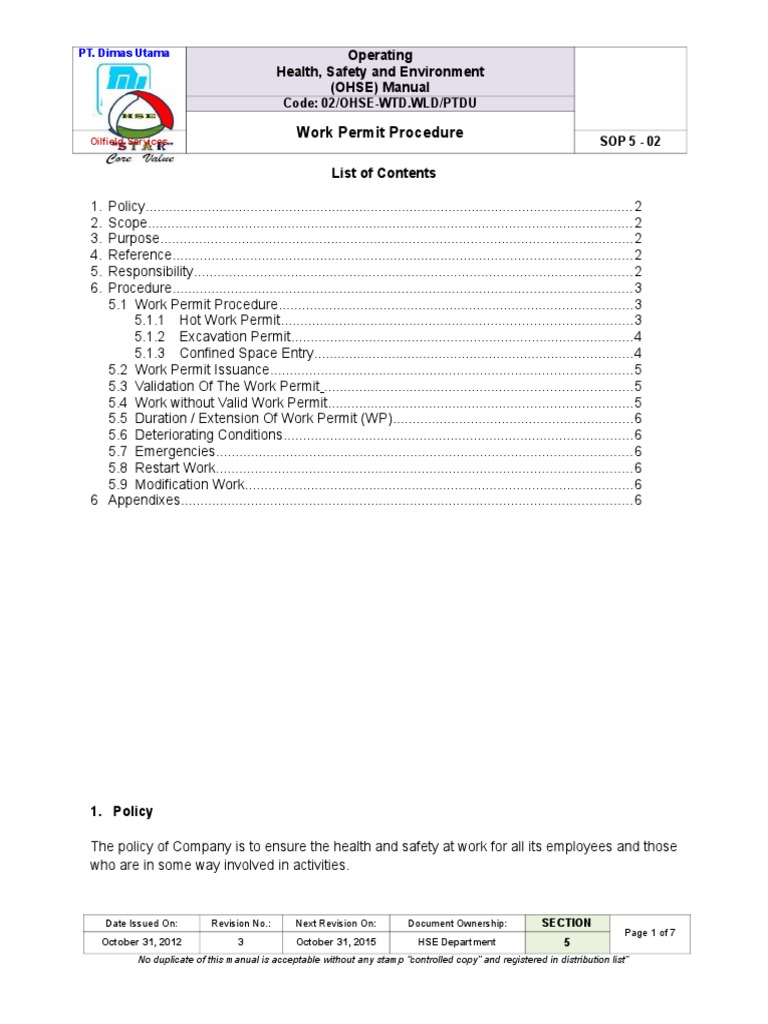 SOP 5 - 02 Work Permit Procedure | PDF | Employment | Occupational ...