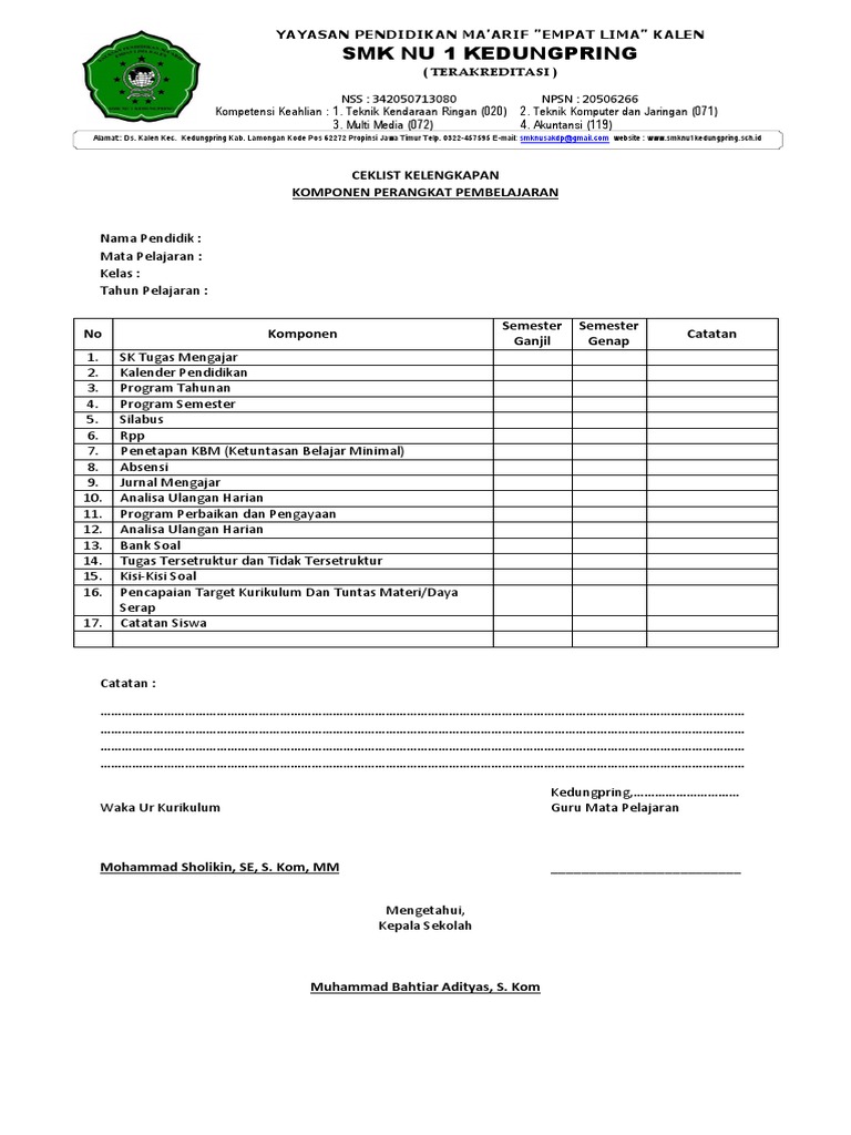 Ceklist Kelengkapan Perangkat Pembelajaran SMK Nu 1 Kedungpring | PDF