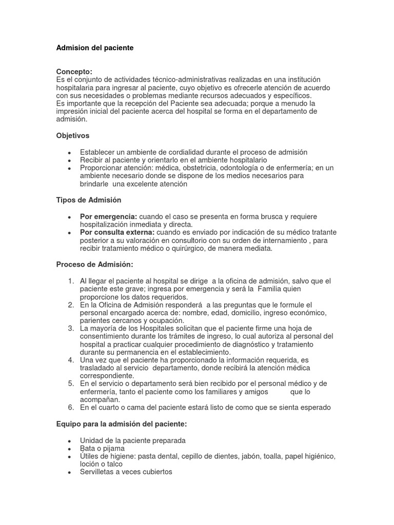 Admision Del Paciente | PDF | Hospital | Medicina CLINICA