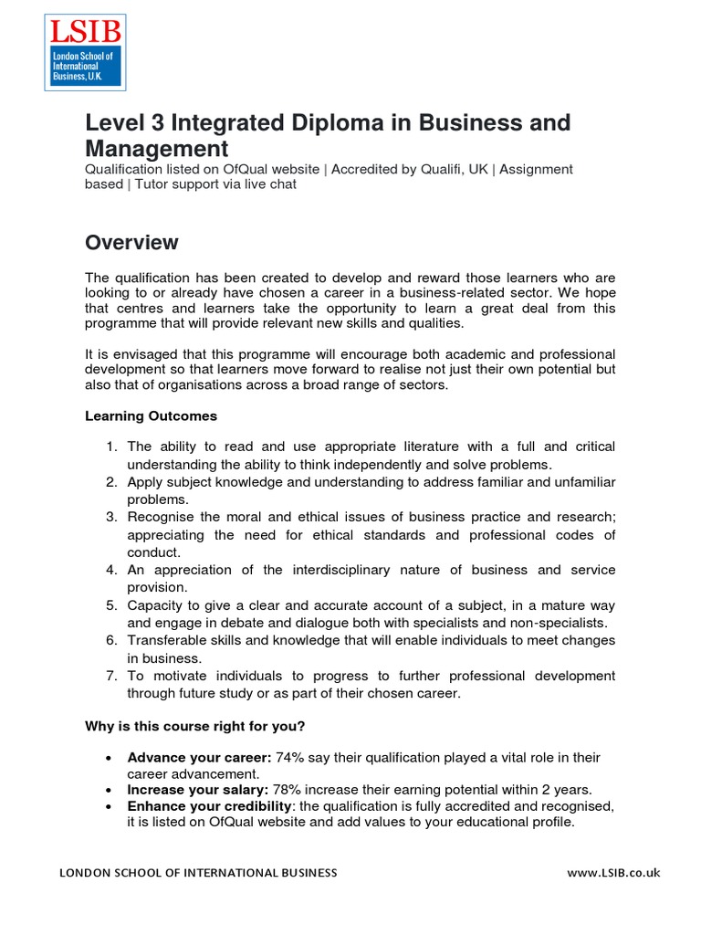 Level 3 Integrated Diploma in Business and Management | PDF | Diploma ...