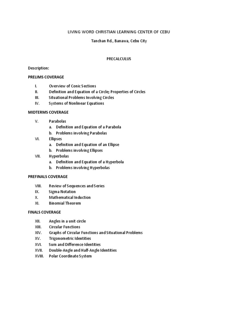 Course Syllabus PreCalculus | PDF | Ellipse | Trigonometric Functions