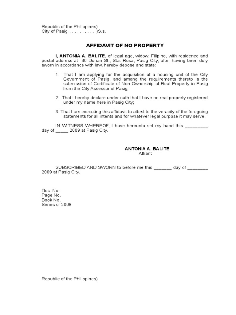 Affidavit of No Property: I, ANTONIA A. BALITE, of Legal Age, Widow ...