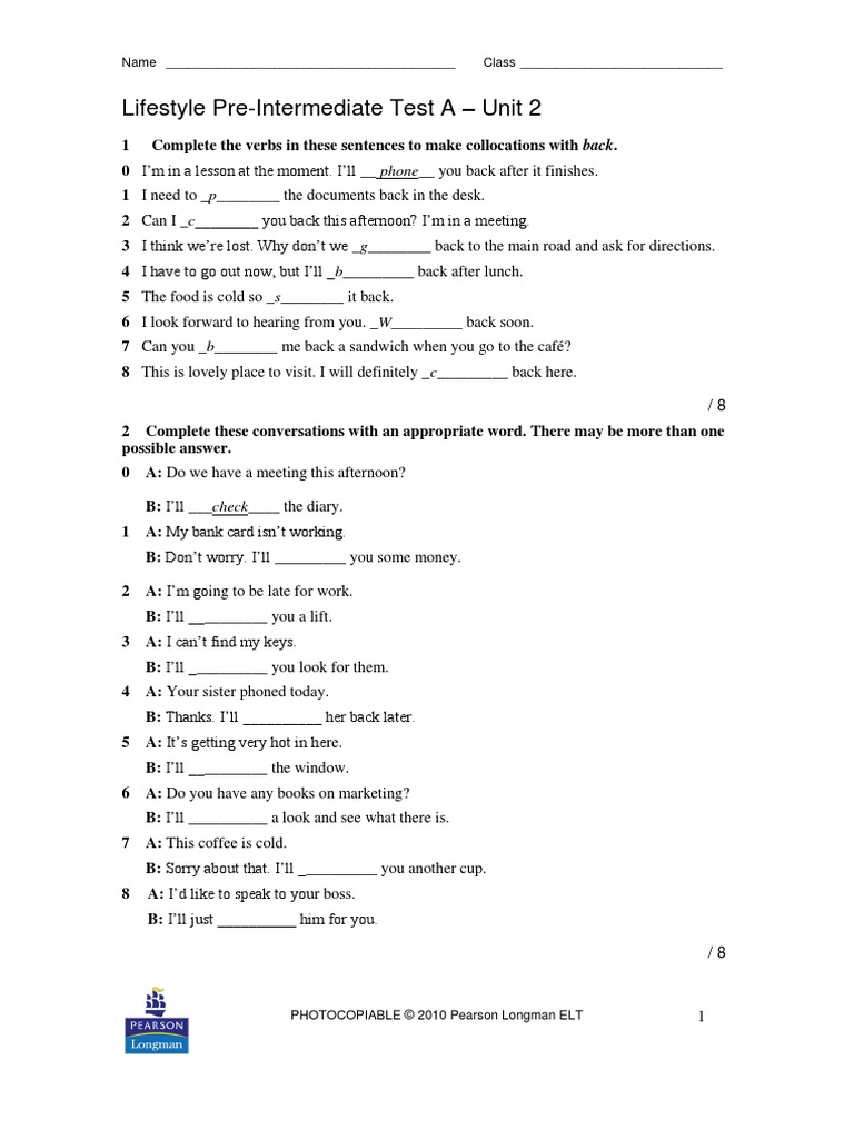 Unit 2A Test Lifestyle Pre-Intermediate | PDF
