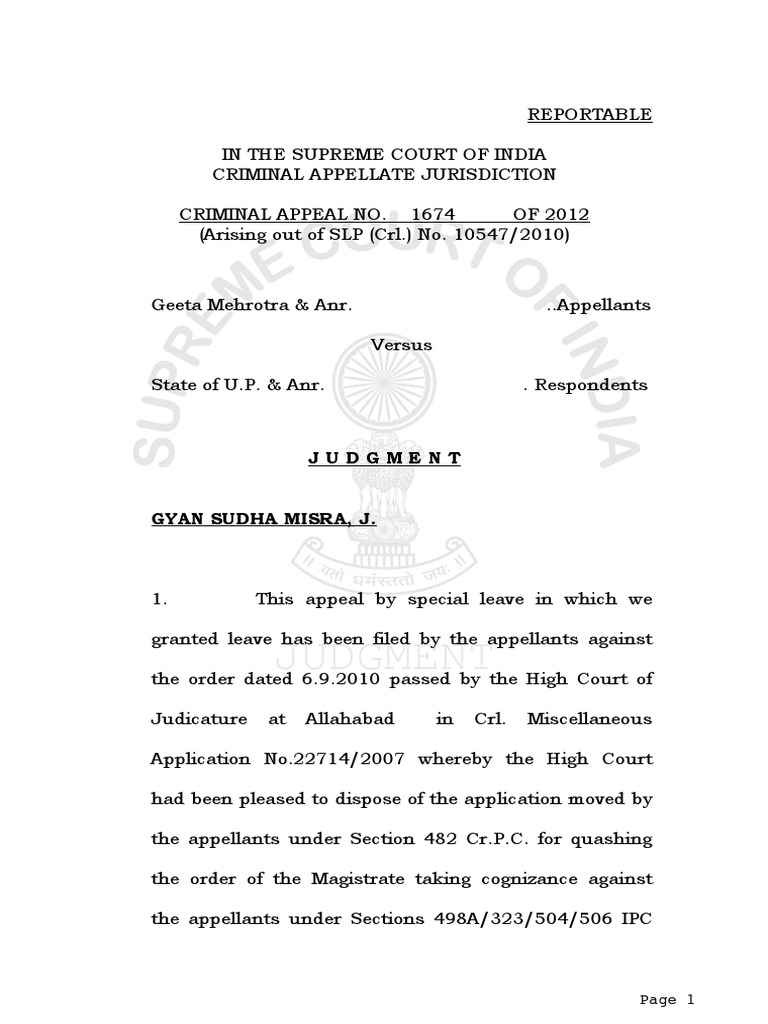 498A FIR Quashing - SC Judgement | PDF | Jurisdiction | Magistrate 498A FIR Quashing - SC Judgement | PDF | Jurisdiction | Magistrate