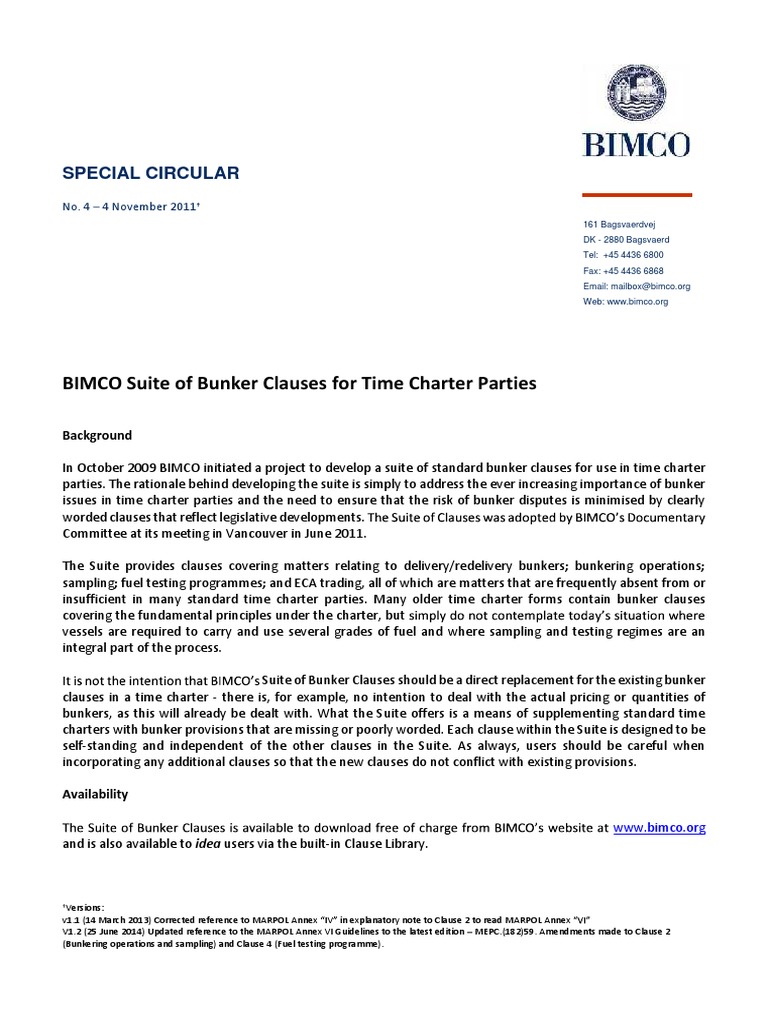 Special Circular: BIMCO Suite of Bunker Clauses For Time Charter ...