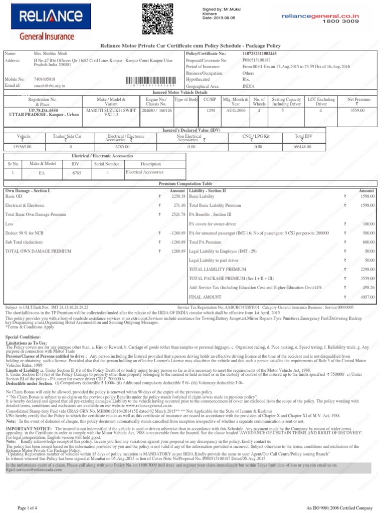Reliance Motor Private Car Certificate Cum Policy Schedule - Package ...