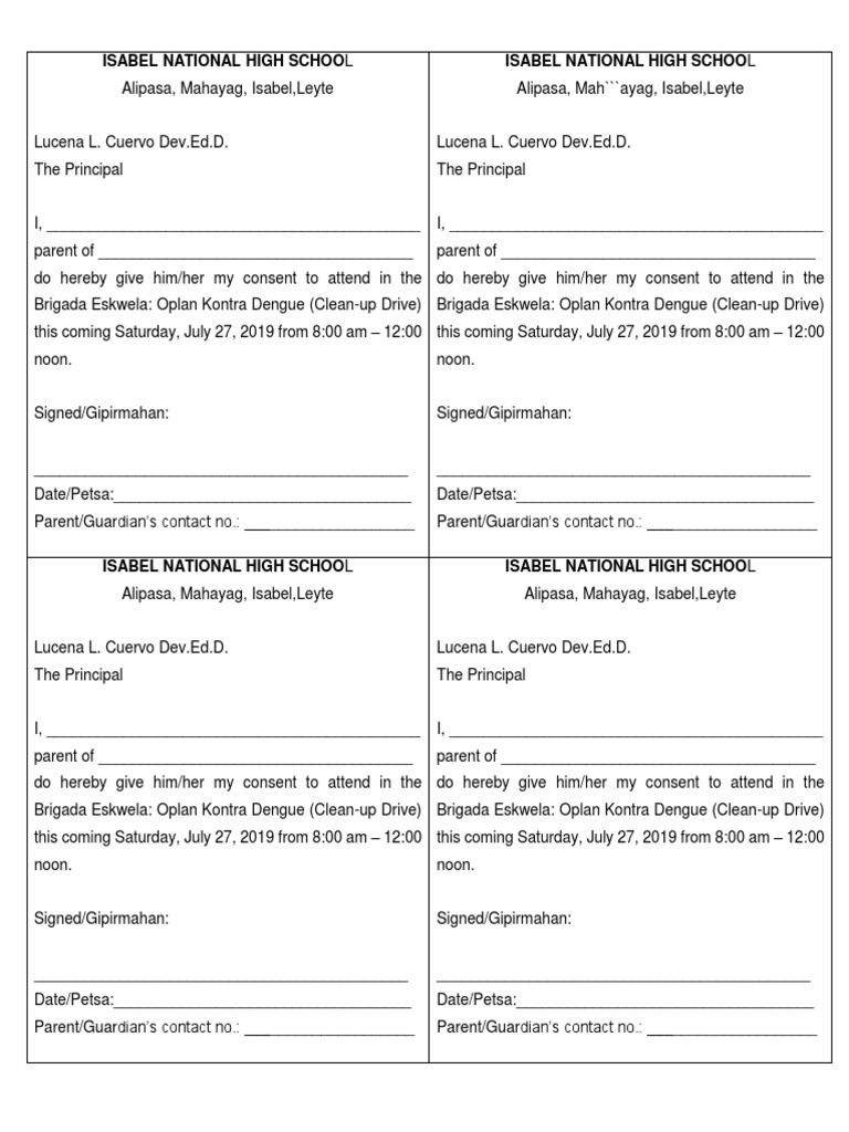 Parental Consent Form for Isabel National High School's Brigada Eskwela: Oplan Kontra Dengue ...