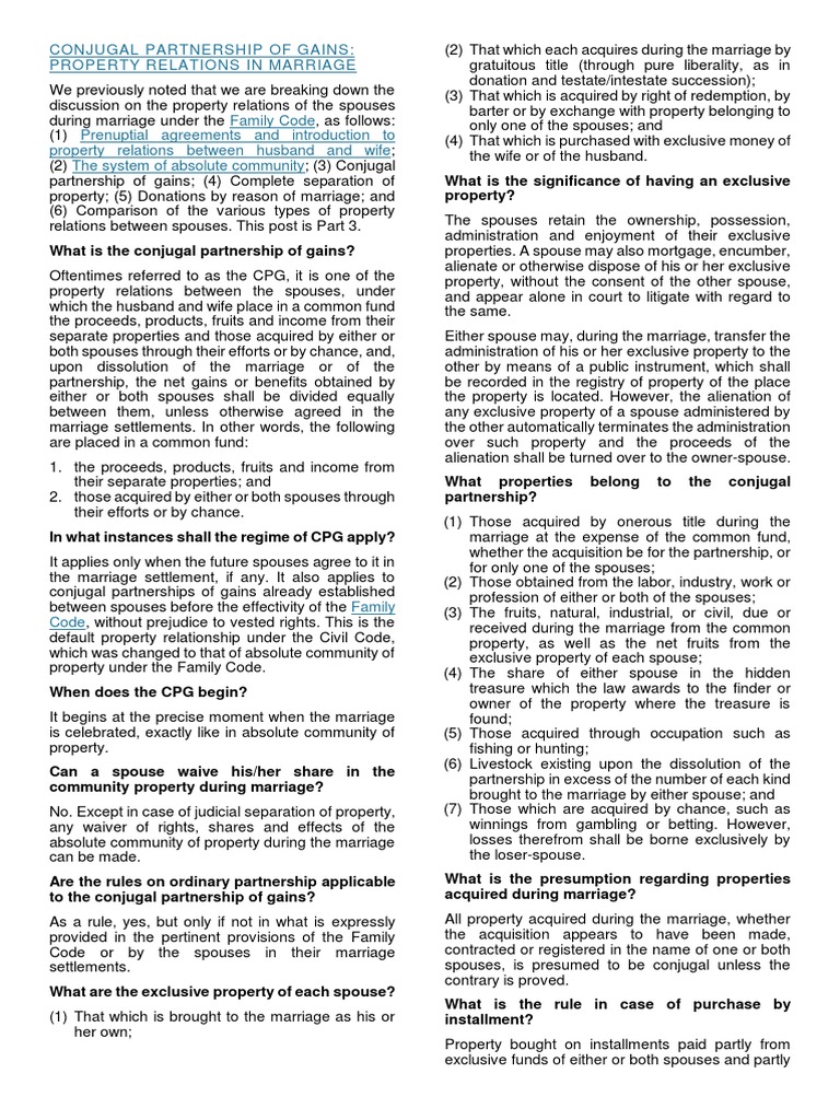 Understanding Conjugal Partnership of Gains | PDF | Gambling | Marriage