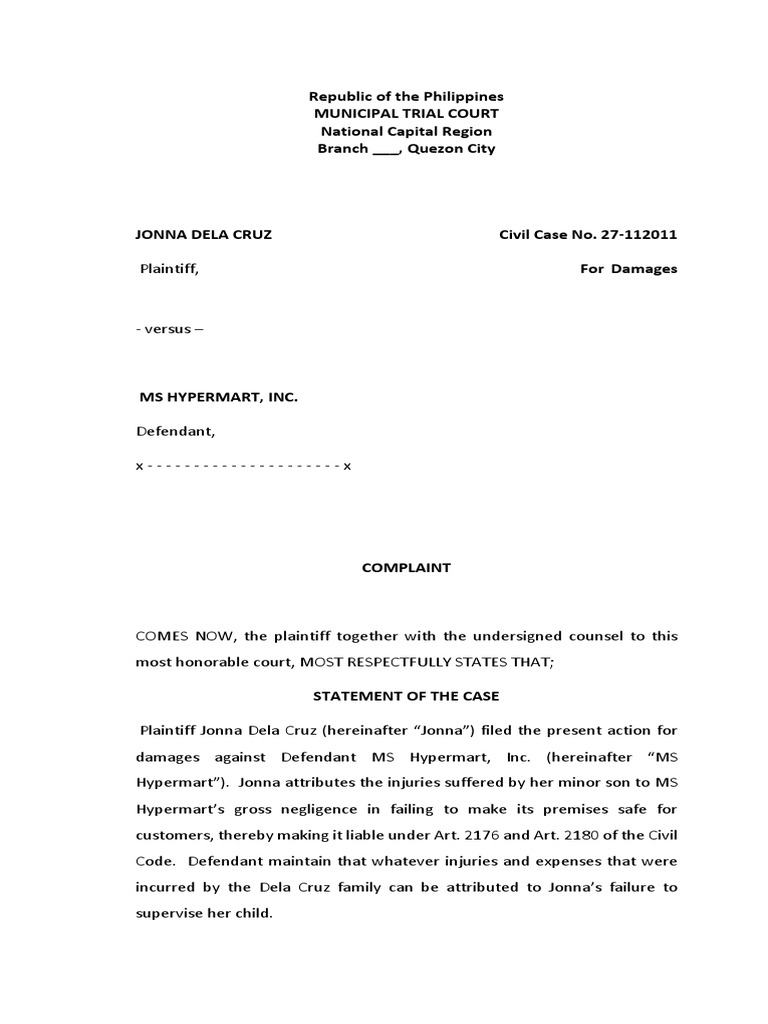 Memo Complaint Civil Case | PDF | Negligence | Damages