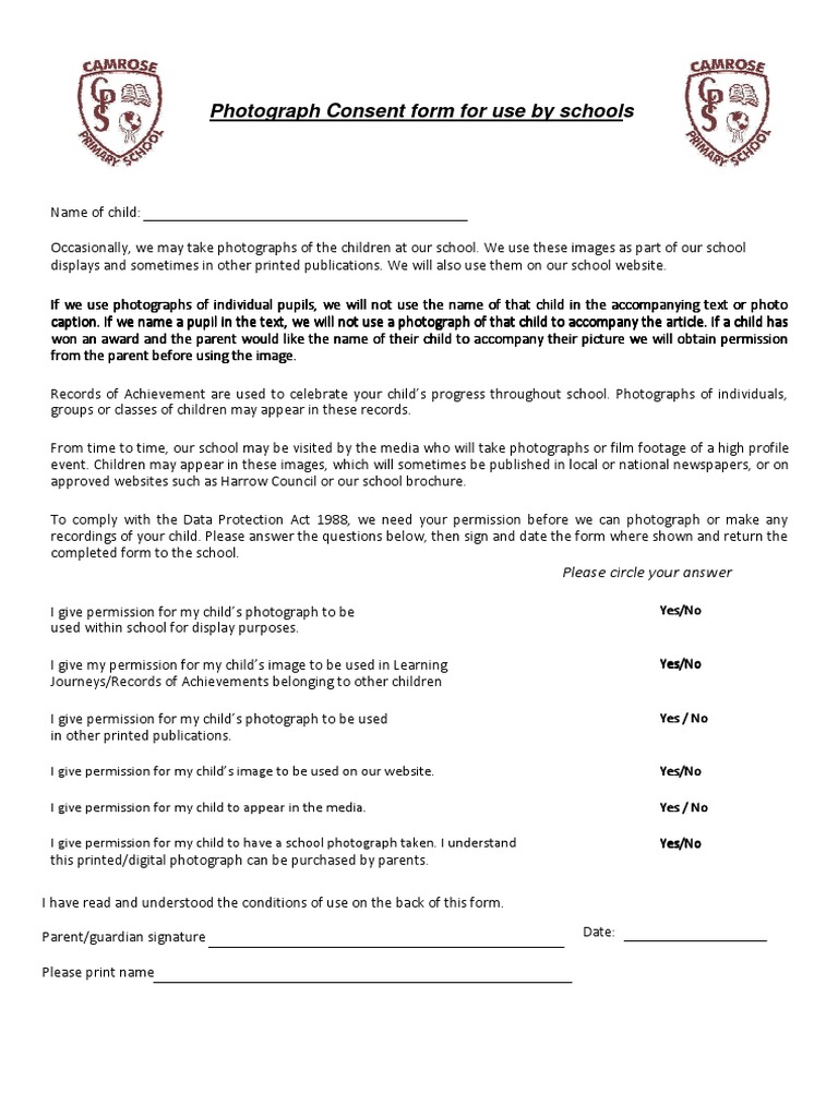 Photograph Consent Form For Use by Schools: Please Circle Your Answer ...