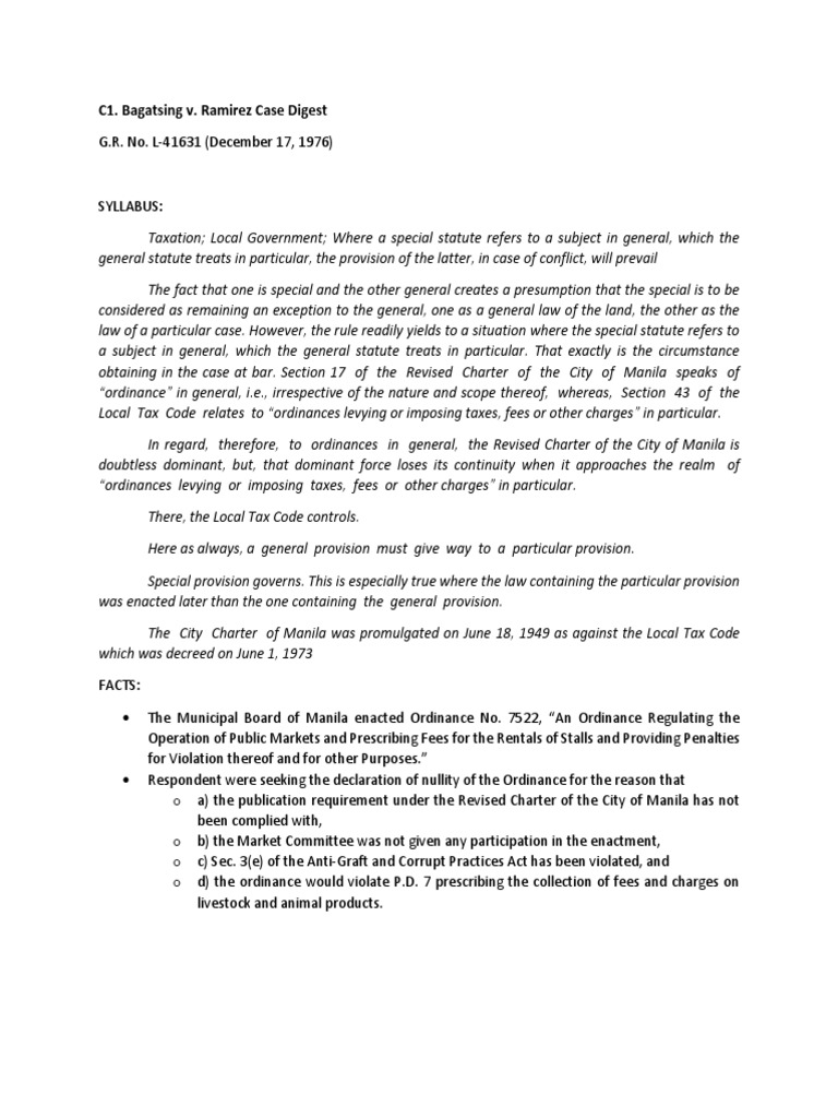 C1. Bagatsing v. Ramirez Case Digest | PDF | Local Ordinance | Internal Revenue Code