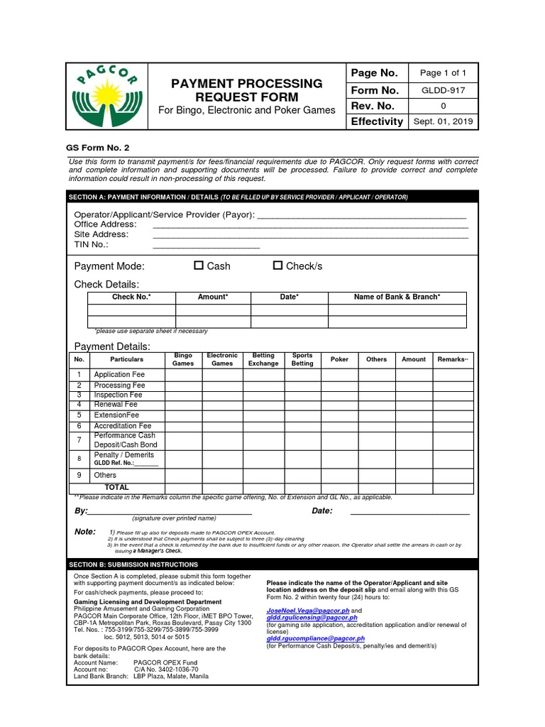 PAGCOR Payment Processing Form GS 2 | PDF | Payments | Cheque