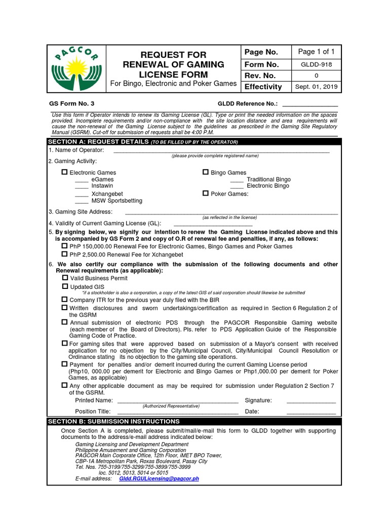 GS Form No 3 Request For Renewal of Gaming License Form | PDF | Social ...