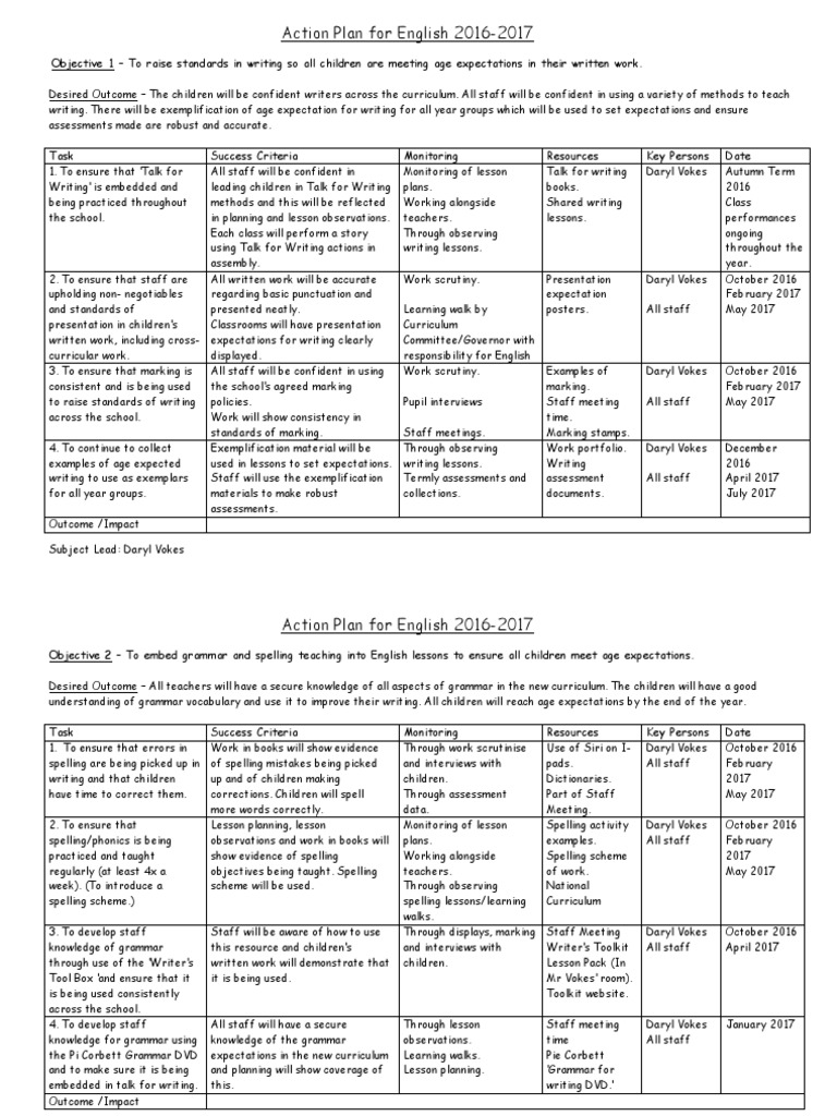 English Action Plan 2016-2017 Confirmed | PDF | Curriculum | Pedagogy