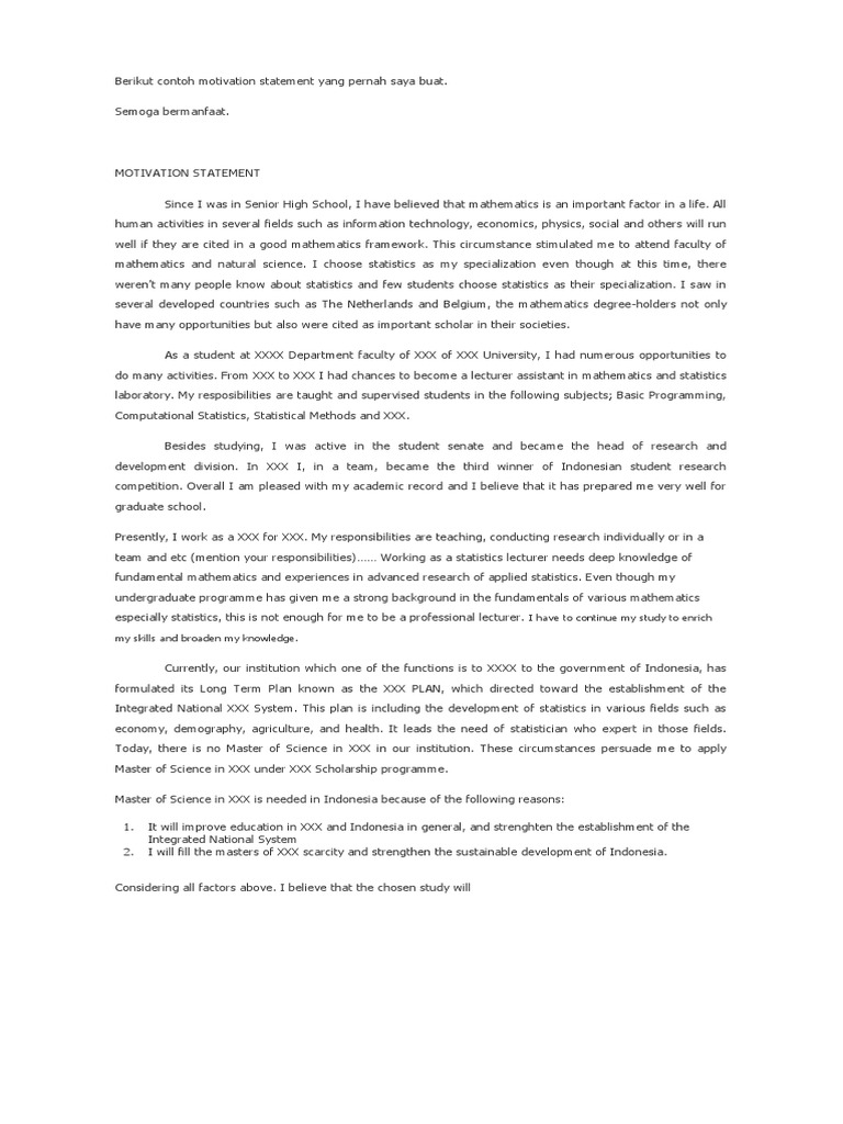The Example of Motivation Letter 0r Statement of Motivation | PDF ...