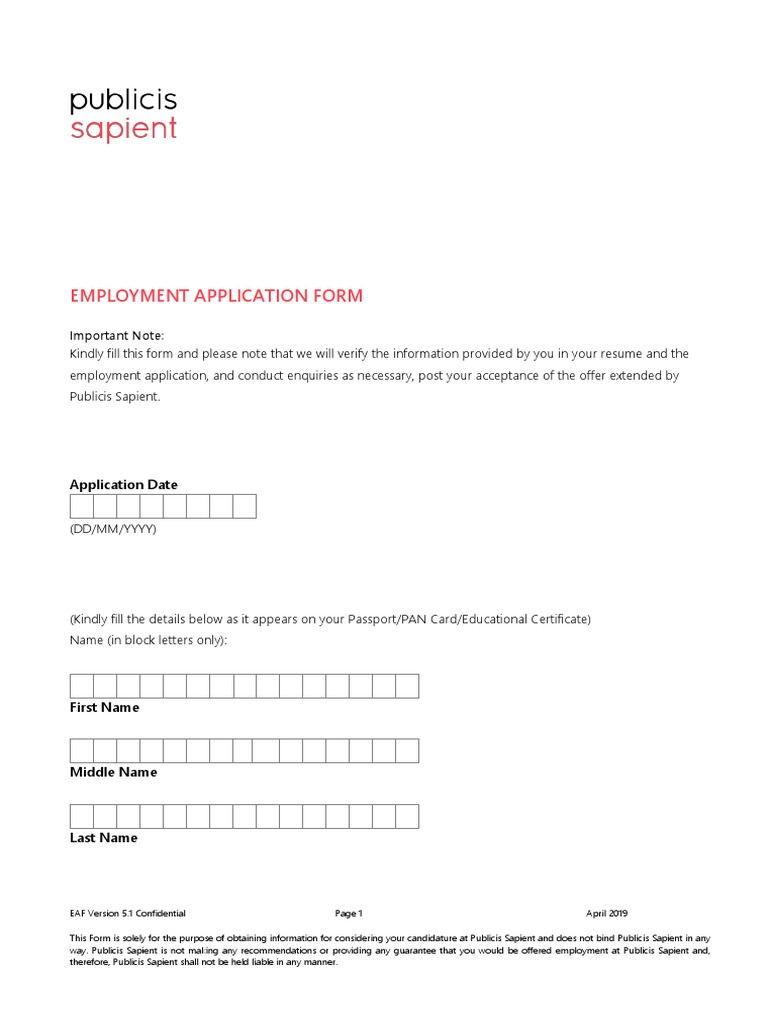 Application for Employment: A Comprehensive Form Seeking Details for ...