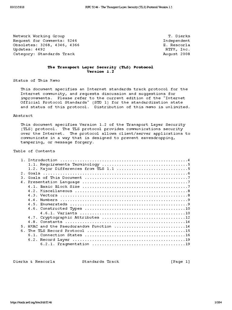 RFC 5246 - The Transport Layer Security (TLS) Protocol Version 1.2 | PDF | Transport Layer ...