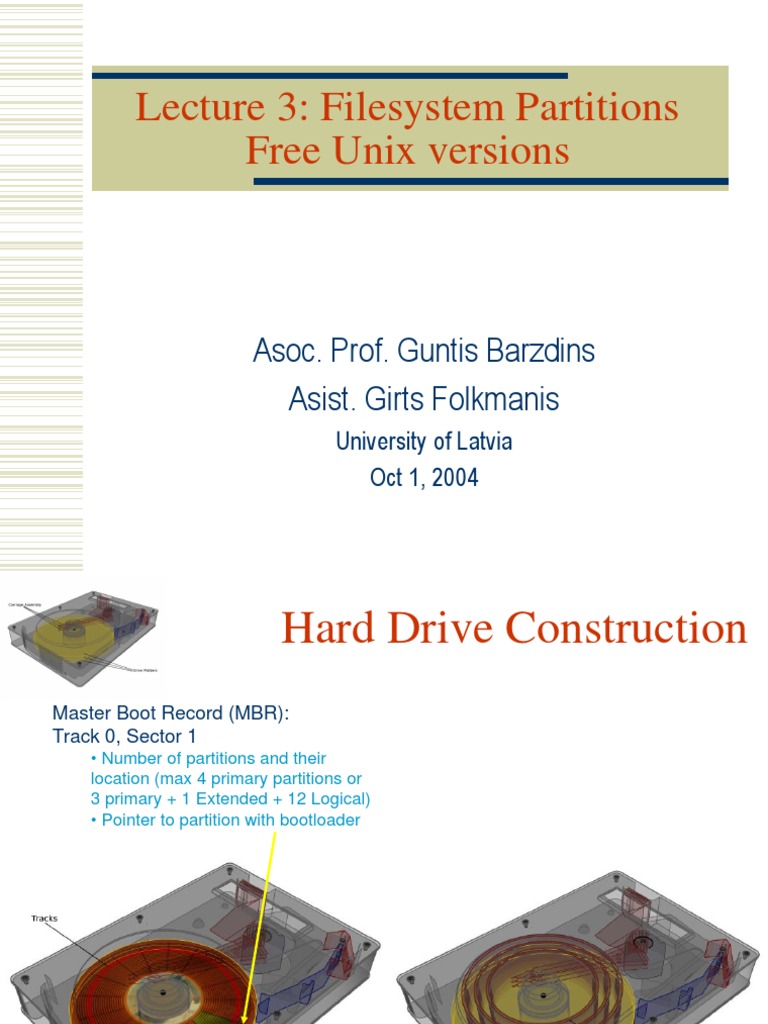 Lecture 3: Filesystem Partitions Free Unix Versions: Asoc. Prof. Guntis Barzdins Asist. Girts ...
