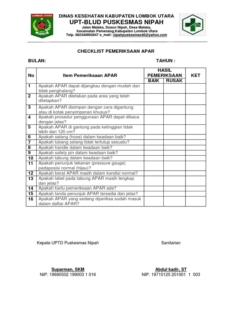 Checklist Pemeriksaan APAR | PDF