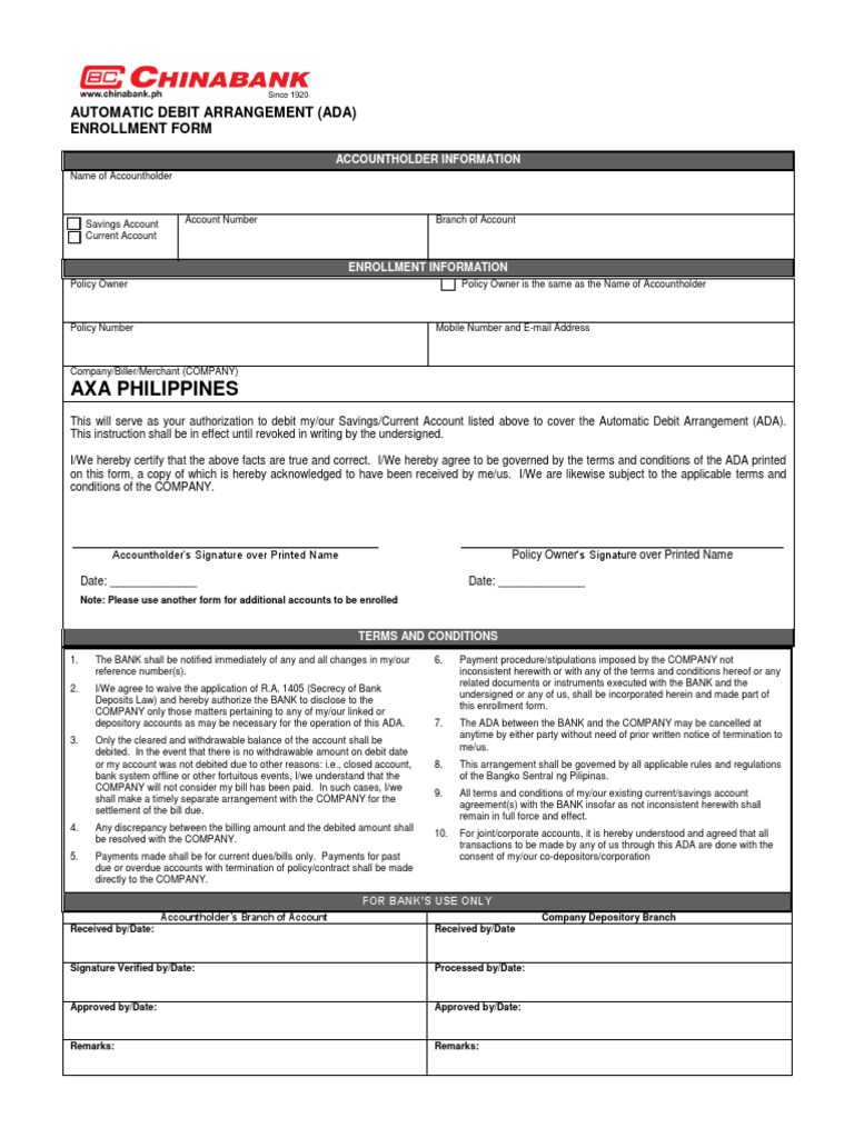 Axa China Bank ADA Enrollment Form PDF | PDF | Debit Card | Banks