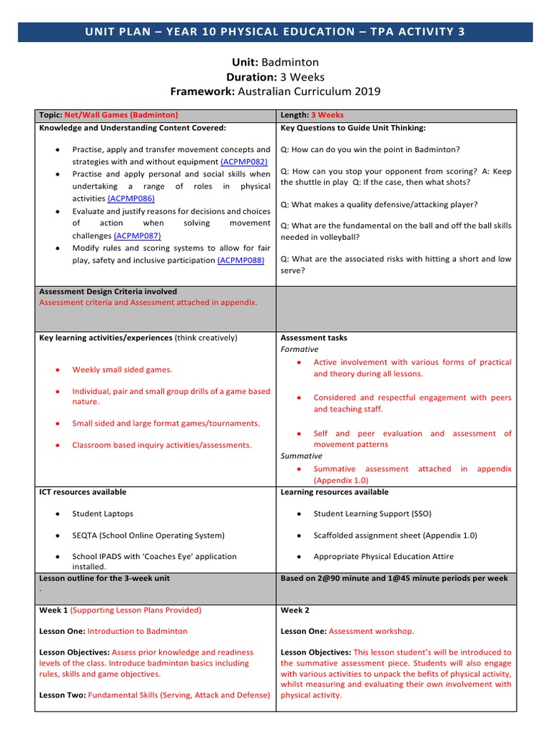Unit Plan - Year 10 Physical Education - Tpa Activity 3 | PDF ...