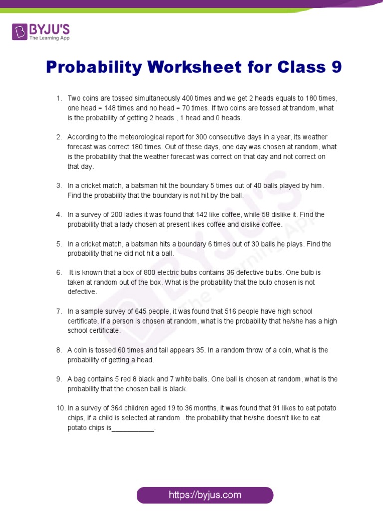 Probability Worksheet For Class9 | PDF | Randomness | Sports