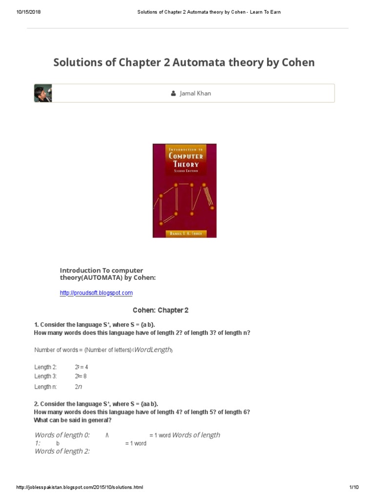 Solutions of Chapter 2 Automata Theory by Cohen - Learn To Earn | PDF | String (Computer Science ...