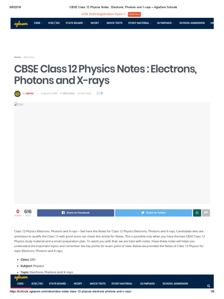 Class Notes CBSE Class 12 Physics Notes - Electrons, Photons and X-Rays ...