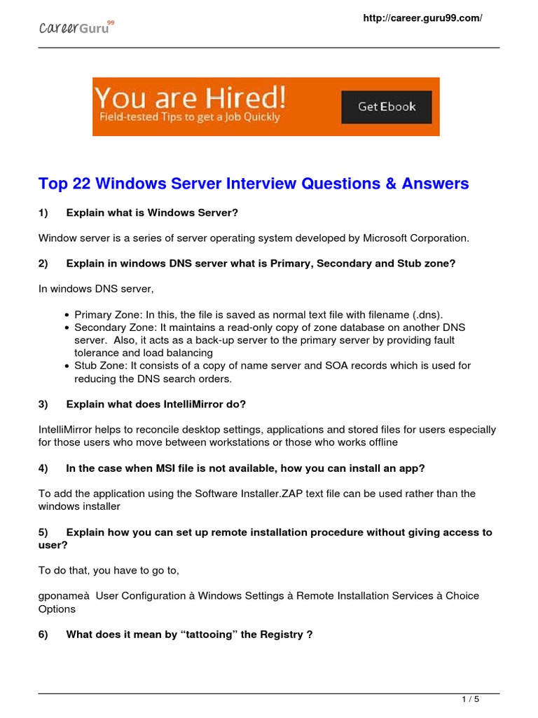 Top 22 Windows Server Interview Questions & Answers | Download Free PDF ...