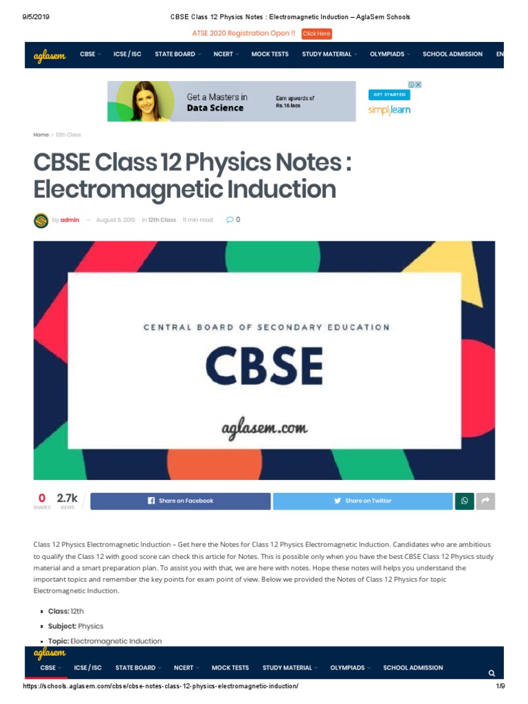 Class 12 Physics Notes - Electromagnetic Induction | PDF | Inductance ...