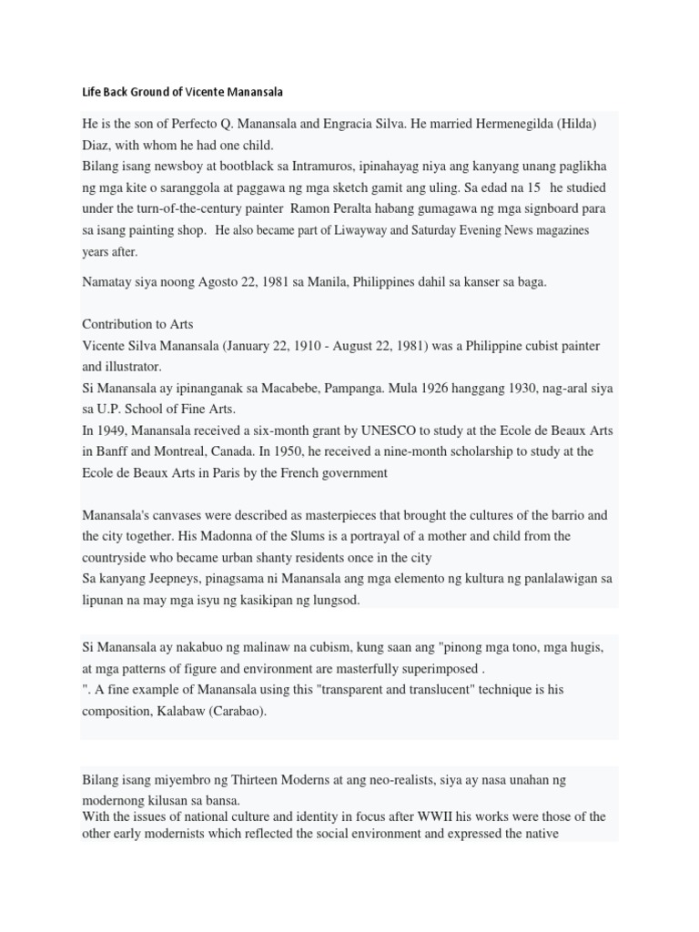 Life Back Ground of Vicente Manansala | PDF | Philippines | Artists