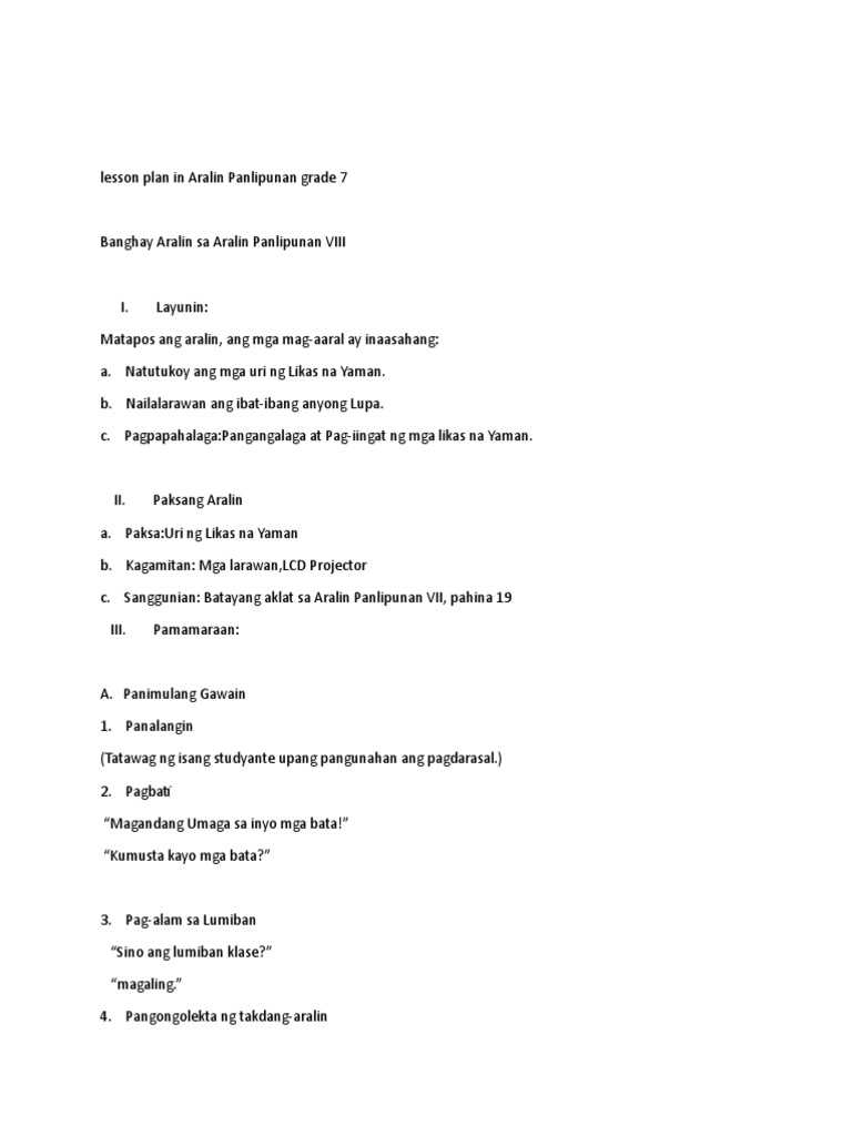 Lesson Plan in Aralin Panlipunan Grade 7 Bais | PDF
