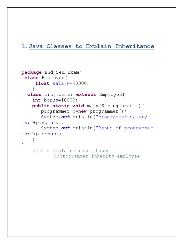 1.java Classes To Explain Inheritance: Package Class Float Class Extends Int Public Static Void ...