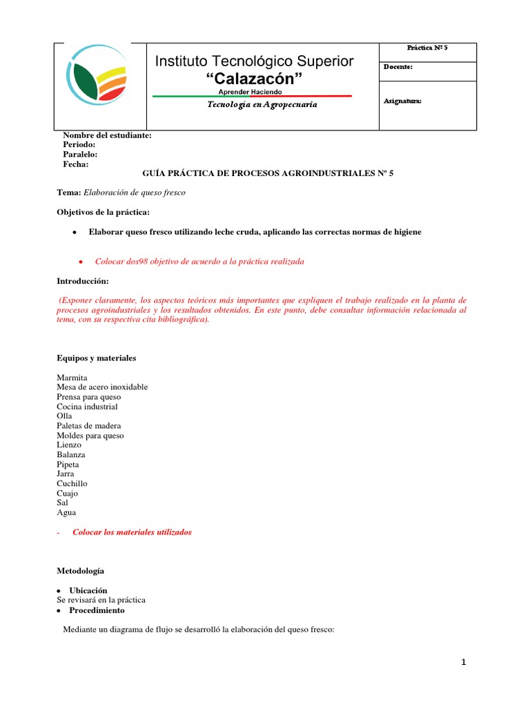 Práctica 5. Elaboración de Queso Fresco | PDF | Queso | Productos lácteos